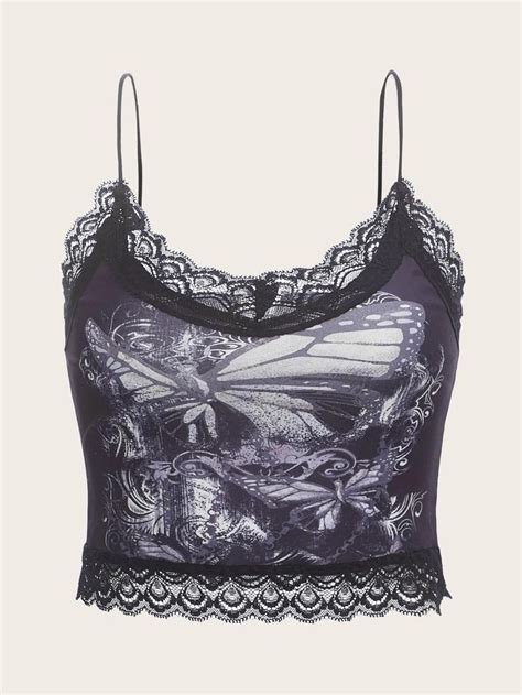 Our Goth Butterfly Print Lace Trim Cami Top Is Such A Vibe Roupas