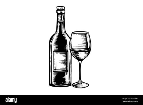 Wine Bottle And Glass Hand Drawn Engraving Sketch Style Vector