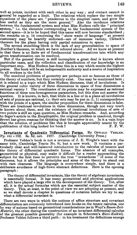 Invariants Of Quadratic Differential Forms By Oswald Veblen Pp Viii 102 6s 6d Net 1927