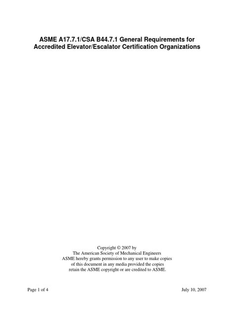 Asme A17 7 1 Gen Req For Accredited Elev Cert Org 2007 Pdf
