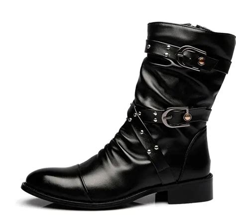 High Quality Leather Boots Men Uniform Basic Motorcycle Boots Men Mid
