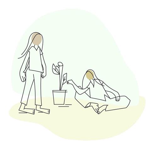 Two Women Nourishing Tree Plants In The Tub Line Drawing With Editable Stroke 34384005 Vector