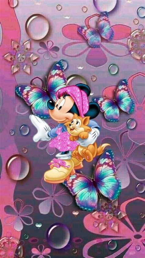 Minnie Mouse And Her Teddy Bear In The Air With Bubbles On Its Wings