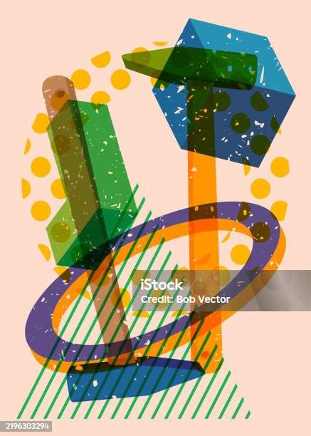 기하학적 모양의 Risograph Hammer 트렌디한 Riso 그래프 인쇄 질감 스타일의 개체와 기하학적 요소가 있는 디자인 강철에 대한 스톡 벡터 아트 및 기타 이미지