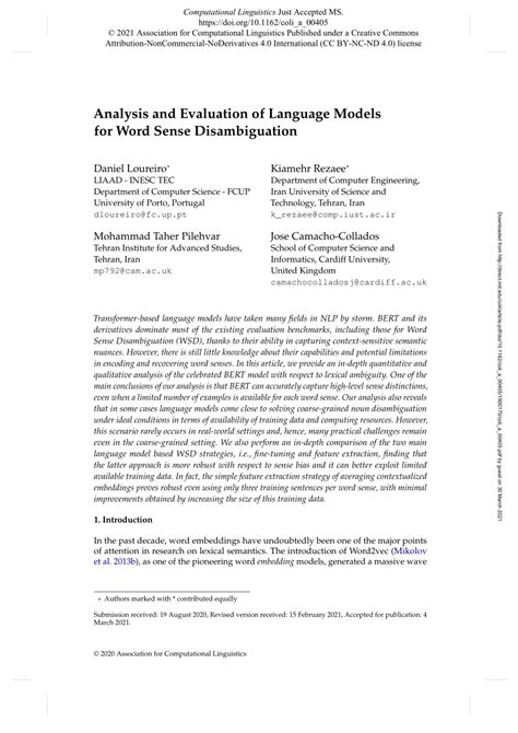 Pdf Analysis And Evaluation Of Language Models For Word Sense Disambiguation