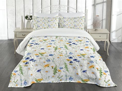 Ambesonne Nature Quilted Bedspread Set 3 Pcs Poppies Daisies Rural