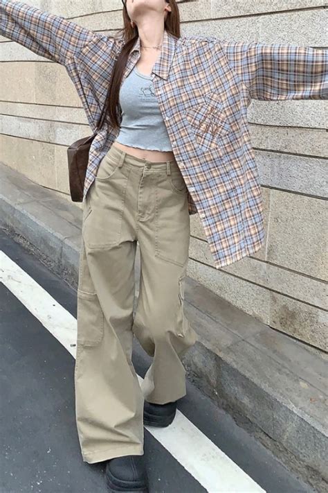 핑크프릴 set 체크 긴팔 오버핏 셔츠 이너 나시 크롭 탑 베이지 와이드팬츠 P 셋업