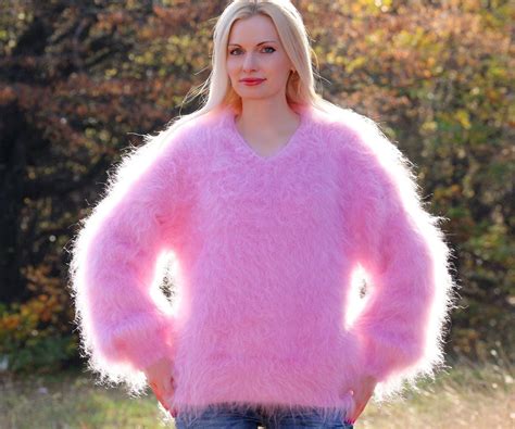 Fuzzy V Neck Mohair Sweater Hand Knitted Fluffy Pullover Warm Etsy