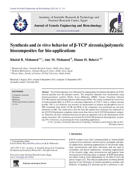 Pdf Synthesis And In Vitro Behavior Of β Tcp Zirconiapolymeric Biocomposites For Bio Applications