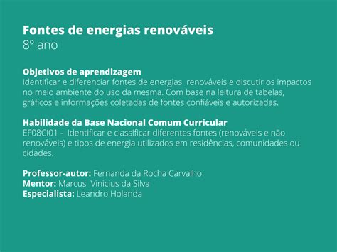 Plano de aula 8o ano Fontes de energias renováveis