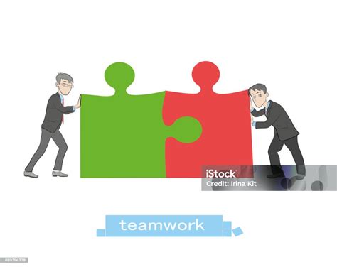 비즈니스 개념입니다 팀웍은 유 두 사업가 연결 퍼즐 요소 벡터 일러스트 레이 션 평면 스타일 디자인입니다 두 가지를 결합합니다