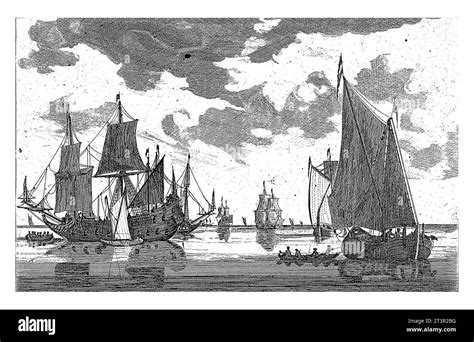 Sailing Ships And Sloops On Calm Seas Anonymous 1600 1700 On The Left A Warship With A Small