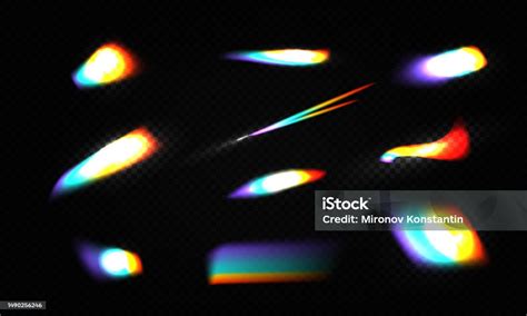크리스탈 무지개 빛 누출 플레어 반사 효과 벡터 일러스트레이션 세트 빛샘에 대한 스톡 벡터 아트 및 기타 이미지 빛샘 렌즈 플레어 무지개 Istock
