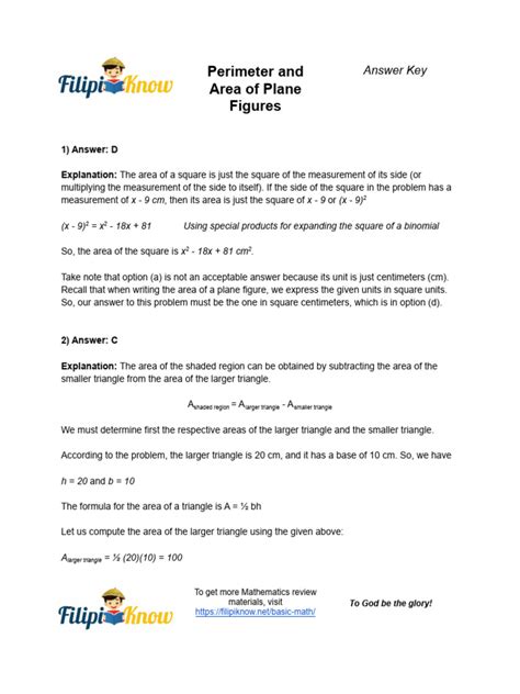 Perimeter And Area Of Plane Figures Answer Key Pdf Area Geometry
