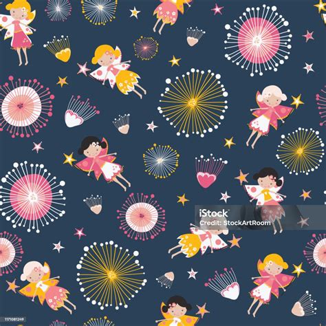 요정과 꽃 원활한 벡터 아이 패턴입니다 어두운 배경에 여자를위한 어린이 배경 꽃 사이를 비행 마법 지팡이와 꽃 동화 패턴 요정 키즈 장식 직물 종이 0명에 대한 스톡 벡터