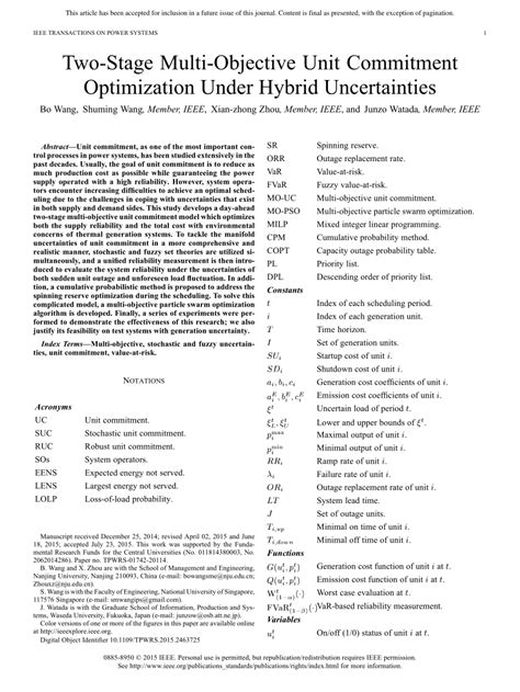 Pdf Two Stage Multi Objective Unit Commitment Optimization Under
