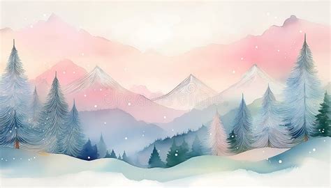 Soft Watercolor Mountains And Pine Trees Create A Serene Minimalist