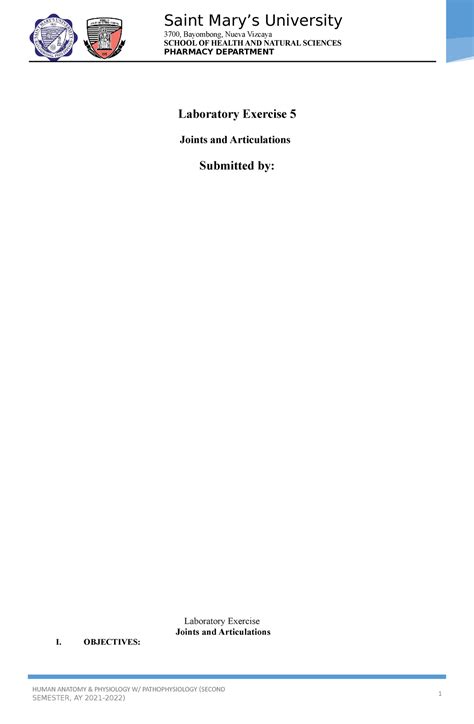 Laboratory Exercise 5 Joints And Articulations Laboratory Exercise 5