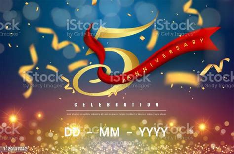 골드와 블루 배경 5 년 기념일 로고 템플릿 5 빨간 리본 벡터와 색종이 고립 된 디자인 요소와 황금 숫자를 축 하 광고에 대한 스톡 벡터 아트 및 기타 이미지 Istock