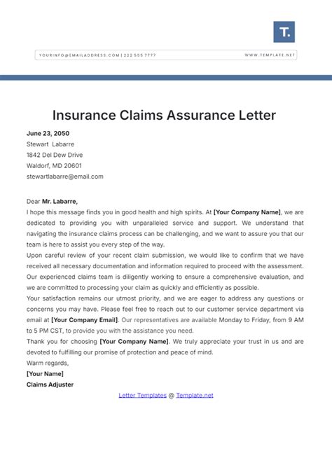 Free Insurance Claims Assurance Letter Template To Edit Online