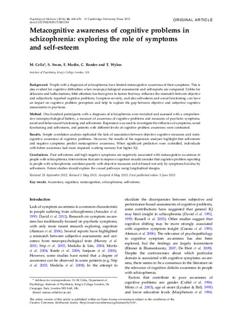 Pdf Metacognitive Awareness Of Cognitive Problems In Schizophrenia Exploring The Role Of