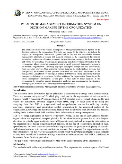 Pdf Impacts Of Management Information System On Decision Making Of