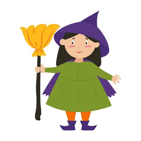 Linda bruja con una escoba una niña disfrazada de bruja para halloween