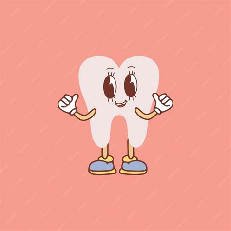 Premium Vector Groovy Tooth Cartoon Character Waving His Hand Funny