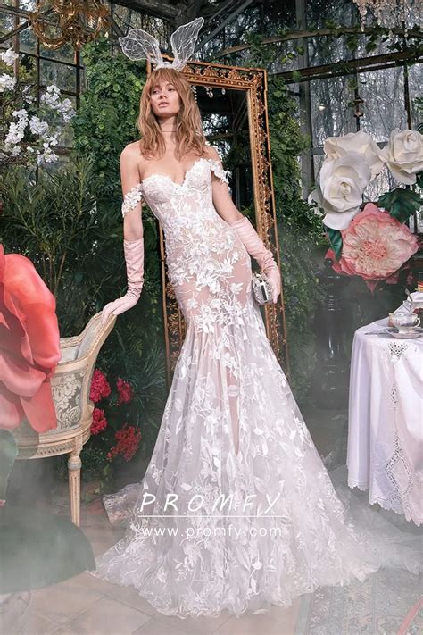 Sexy Sheer Floral Lace Off Shoulder Mermaid Wedding Gown Promfy