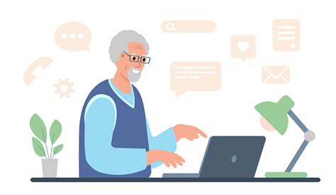 노트북에서 일하는 노인 의사 소통 소셜 미디어 프리랜서 및 온라인 교육을 위해 컴퓨터를 사용하는 수석 은퇴 한 남자 70 79세에 대한 스톡 벡터 아트 및 기타 이미지