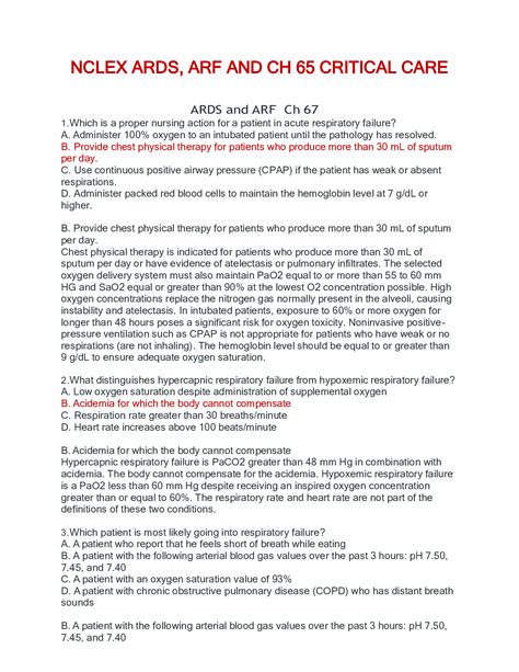 Nclex Ards Arf And Ch 65 Critical Care Questions And Answers