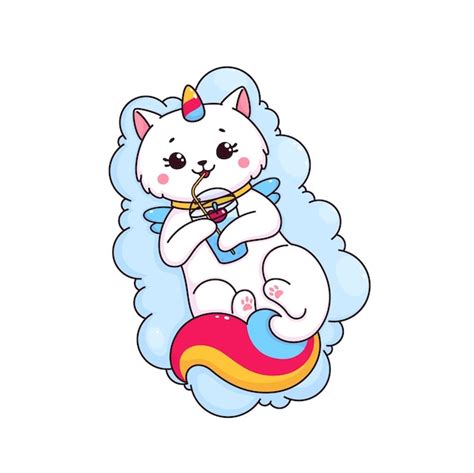 Premium Vector Cartoon Caticorn Character With Juice Or Cocktail