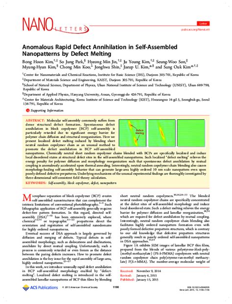 Pdf Anomalous Rapid Defect Annihilation In Self Assembled Nanopatterns By Defect Melting