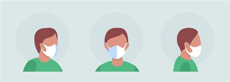 중앙 솔기 마스크 세미 플랫 컬러 벡터 캐릭터 아바타 세트가 있는 남성 전면 측면 보기에서 인공 호흡기와 초상화입니다 그래픽 디자인 및 애니메이션 팩을 위한 격리된