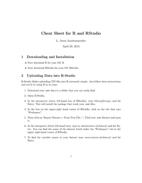 RStudio Cheat Sheet Cheat Sheet For R And RStudio L Jason Anastasopoulos April
