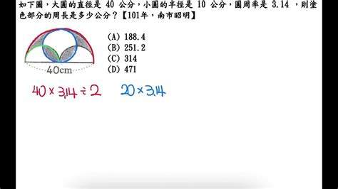 如下圖，大圓的直徑是 40 公分，小圓的半徑是 10 公分，圓周率是 3 14 ，則塗色部分的周長是多少公分？【101年，南市昭明