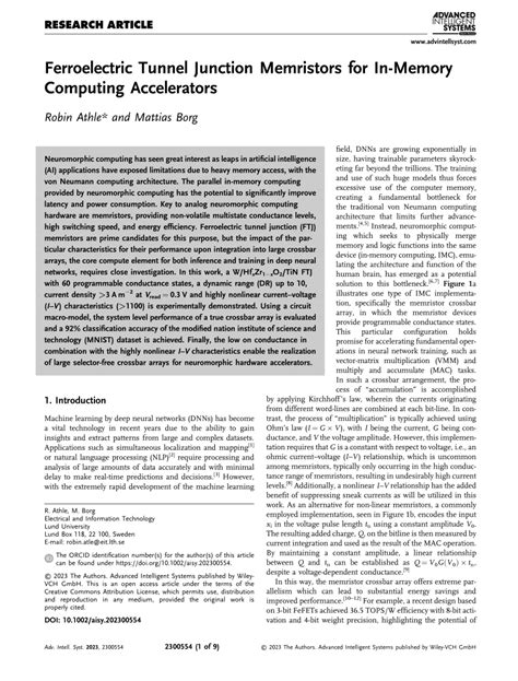 Pdf Ferroelectric Tunnel Junction Memristors For In‐memory Computing