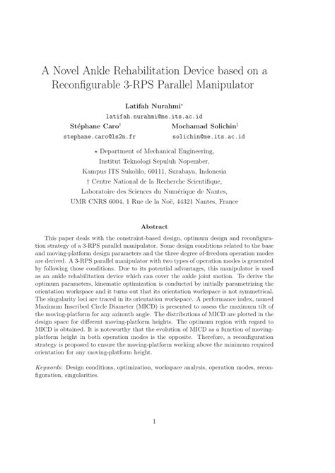 Pdf A Novel Ankle Rehabilitation Device Based On A Reconfigurable 3 Rps Parallel Manipulator