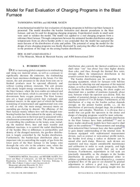 Pdf Model For Fast Evaluation Of Charging Programs In The Blast Furnace