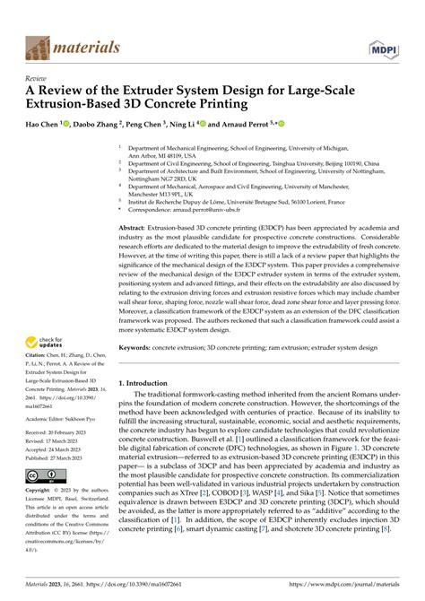 Pdf A Review Of The Extruder System Design For Large Scale Extrusion Based 3d Concrete Printing