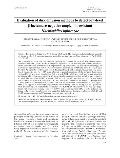 Pdf Evaluation Of Disk Diffusion Methods To Detect Low‐level β‐lactamase‐negative Ampicillin