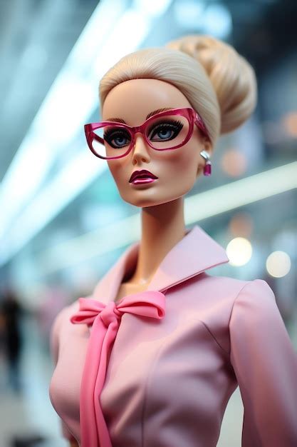 Premium Photo Pink Barbie Doll With Glasses At The Prada Store In The Style Of High Quality