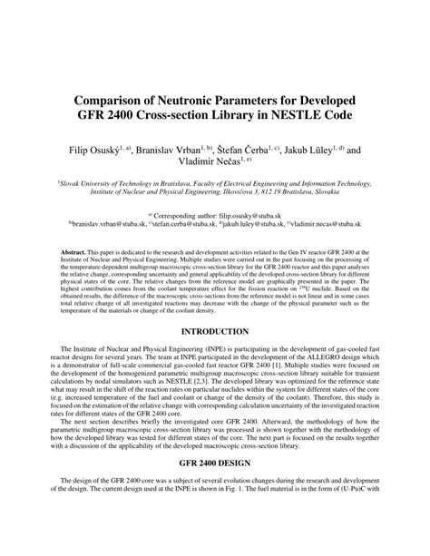 Pdf Comparison Of Neutronic Parameters For Developed Gfr 2400 Cross Section Library In Nestle Code