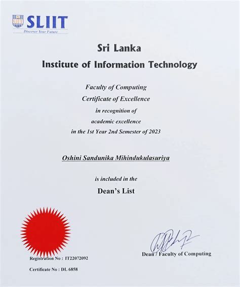 Oshini Sandunika On Linkedin Honored To Be Included In The Deans List