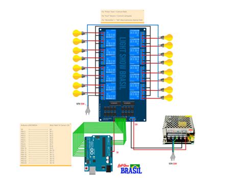 Esquema De Ligação De Módulo Relés 16 Canais 12v Com Arduino E Fonte Externa Light Show Brasil