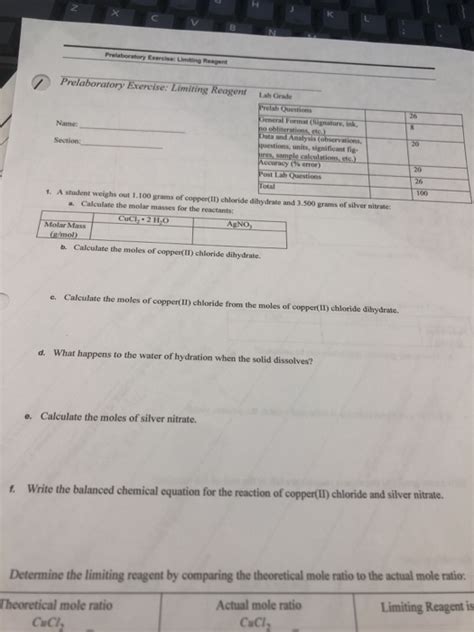Solved Prelaboratory Exercise Limiting Reagent Chegg