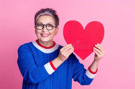 Photo Of Cute Lovely Senior Woman Wear Stylish Blue Clothes Hands Hold