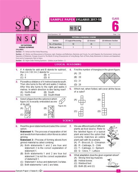 Class 6 Nso Sample Paper 2017 18 Pdf Celsius Freezing