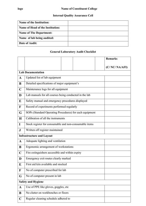 Generahhhl Laboratory Audit Checklist Docx