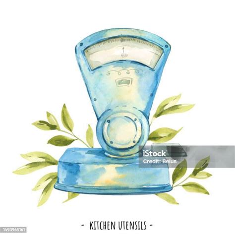 수채화 빈티지 주방 용품 그림입니다 블루 레트로 스케일 흰색으로 격리 된 조리물 0명에 대한 스톡 벡터 아트 및 기타 이미지